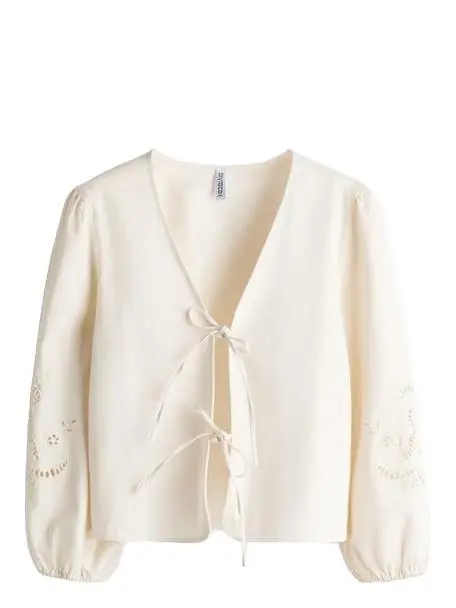 H&m Tie-detail Broderie Anglaise Jacket - Cream