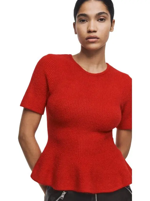 H&m Rib-knit Peplum Top With Round Neckline And Short Sleeves - Red