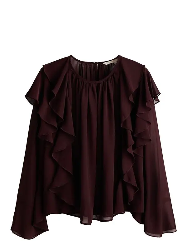 H&m Sheer Flounce-trimmed Blouse - Dark Brown