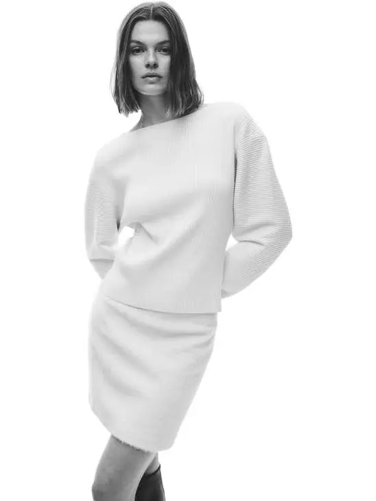 H&M Rib-knit Boatneck Top With Dropped Shoulders - Light Beige