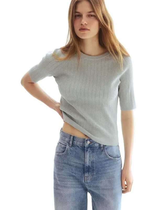 H&m Rib-knit T-shirt With Pointelle Details - Light Gray