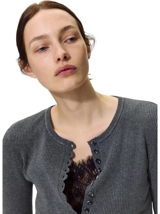 H&m Ribbed Cardigan With Scalloped Button Placket - Dark Gray Melange