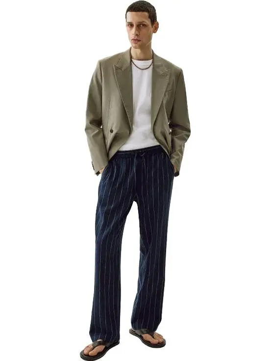 H&m Relaxed-fit Linen-blend Pants - Navy Blue/striped