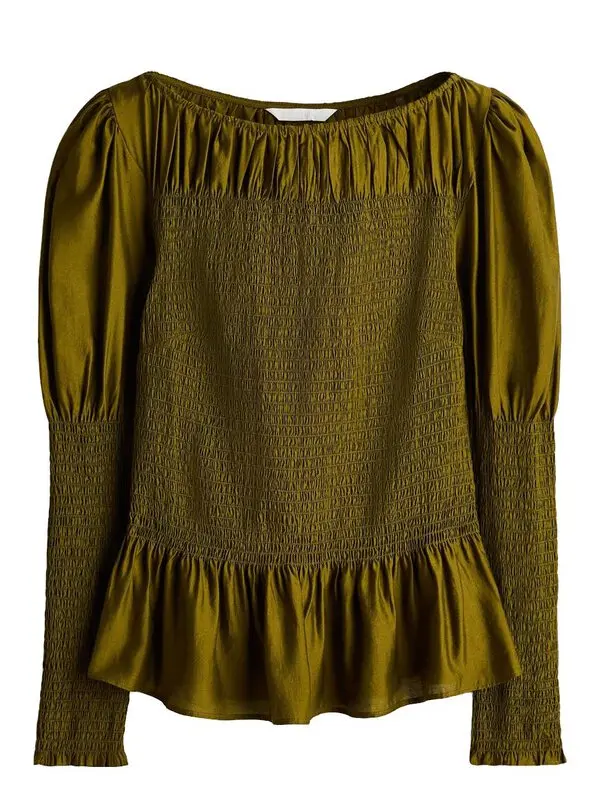 H&m Smocked Puff Sleeve Blouse - Dark Khaki Green