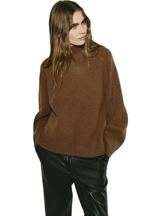 H&m Rib-knit Turtleneck Jumper With Back Slit - Brown