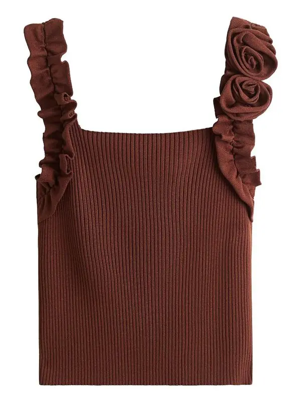 H&m Rose-appliquéd Rib-knit Cropped Top With Frill Straps - Rust Brown