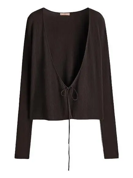 H&m Rib-knit Wrap Cardigan With V-neckline And Waist Ties - Dark Brown