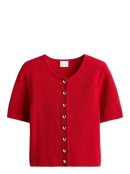 H&m Rib-knit Cardigan With Metal Buttons - Red
