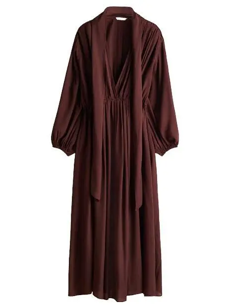 H&m Scarf Detail Balloon Sleeve Midi Dress - Burgundy