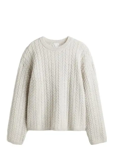 H&m Cable-knit Jumper With Ribbed Crew Neck And Drop Shoulders - Light Gray