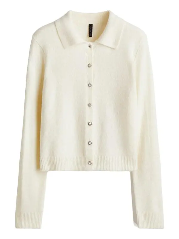 H&m Collared Fine Knit Cardigan With Button Front - Cream