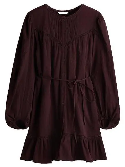 H&m Cotton Tunic Dress With Lace Insets - Dark Brown