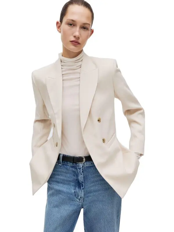H&m Double-breasted Woven Blazer With Peak Lapels - Light Beige