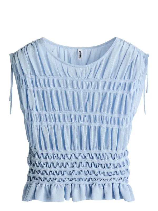 H&m Smocked Fine-knit Top With Drawstring Detail - Light Blue