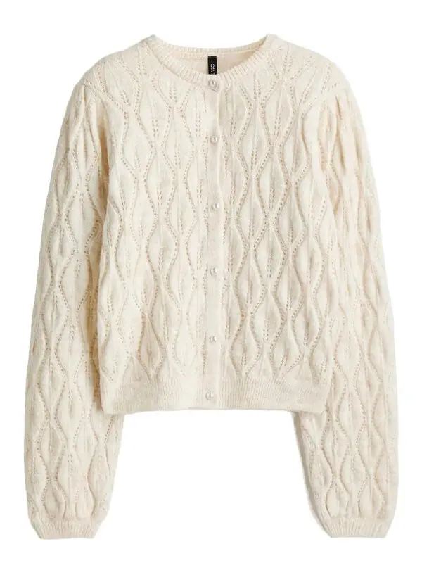 H&m Pointelle-knit Cardigan With Shoulder Pleats - Light Beige