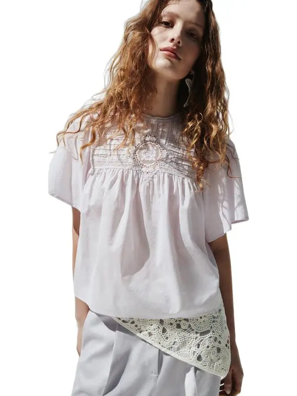 H&m Cotton Blouse With Eyelet Embroidery - Light Purple