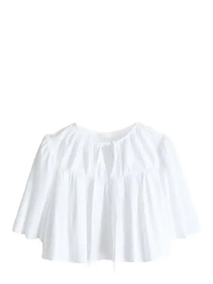 H&m Cropped Cotton Blouse With Gathers And Front Ties - White