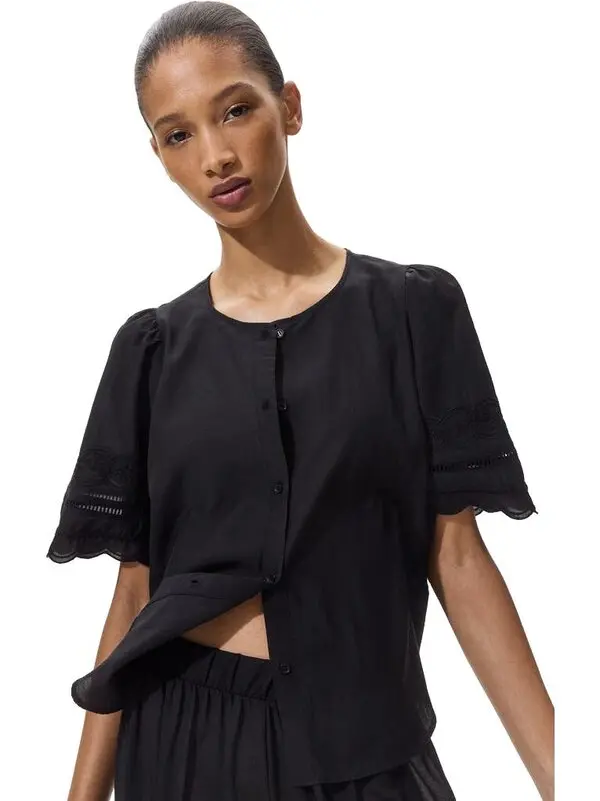 H&m Puff-sleeved Embroidered Blouse - Black