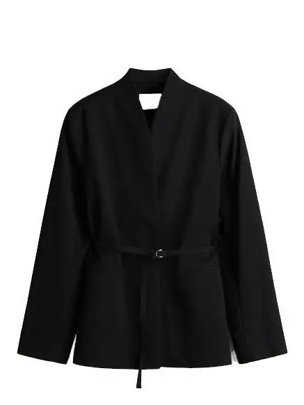 H&m Belted Blazer With Stand Collar - Black
