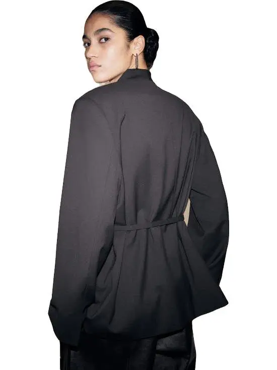 H&m Belted Blazer With Stand Collar - Black