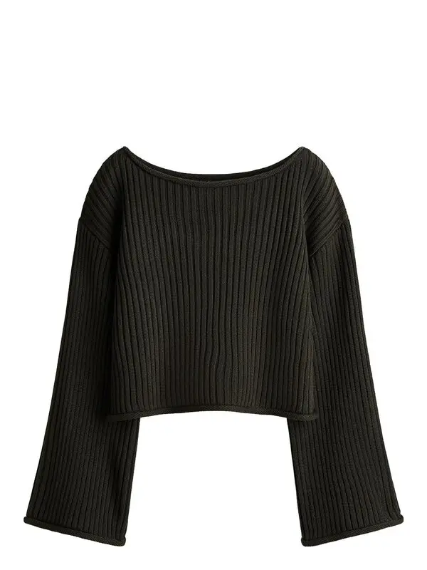 H&m Rib-knit Boat-neck Jumper With Trumpet Sleeves - Dark Green