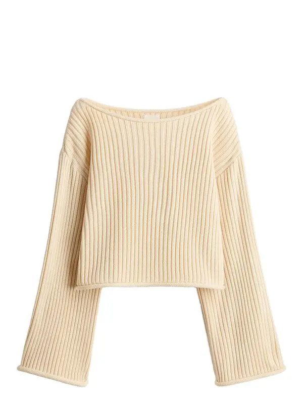 H&m Rib-knit Boat-neck Jumper With Trumpet Sleeves - Light Beige