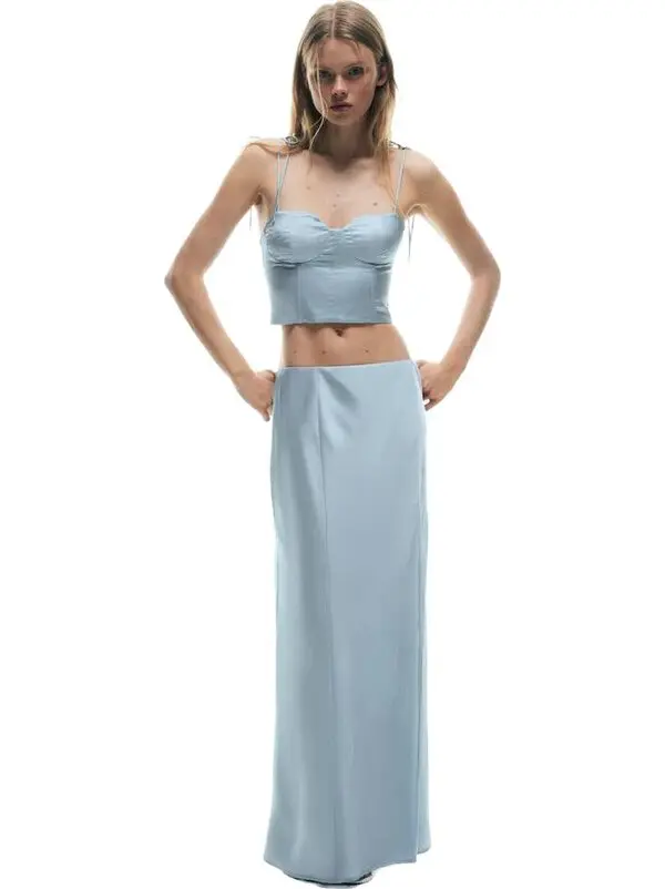 H&m Satin Maxi Skirt With High Slit - Light Blue