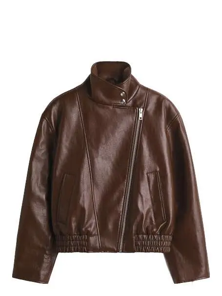 H&m Coated Stand Collar Zip-up Jacket - Dark Brown