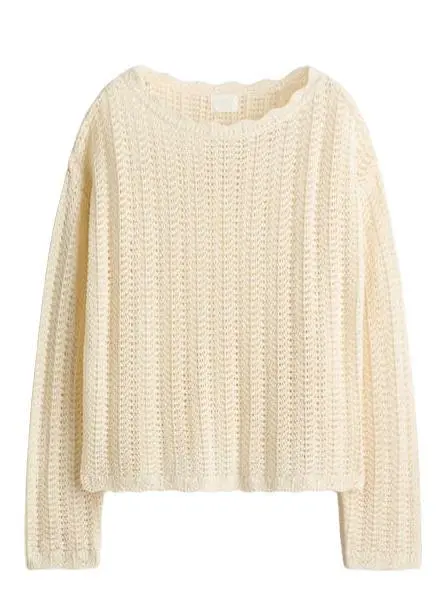 H&m Pointelle-knit Jumper With Boat Neckline And Scalloped Edges - Light Beige