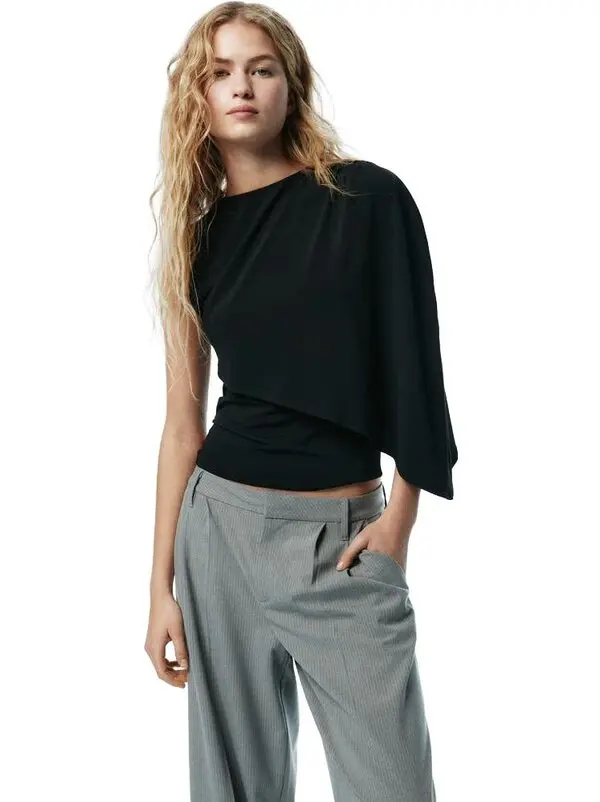 H&m Asymmetrical Cape Detail Jersey Top - Black