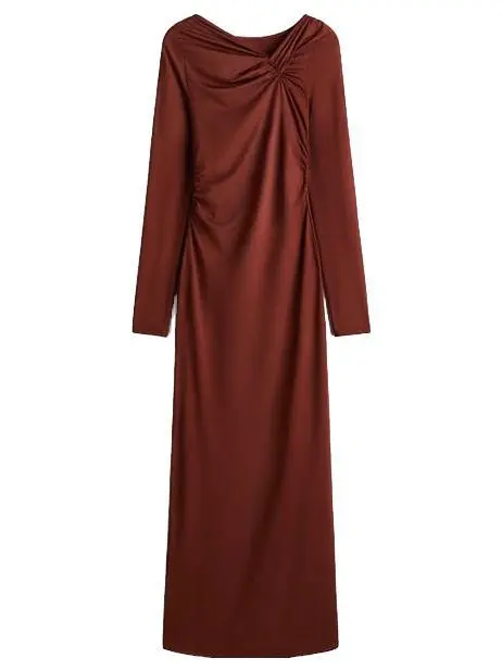 H&m Long Fitted Jersey Dress With Asymmetric Neckline - Rust Brown