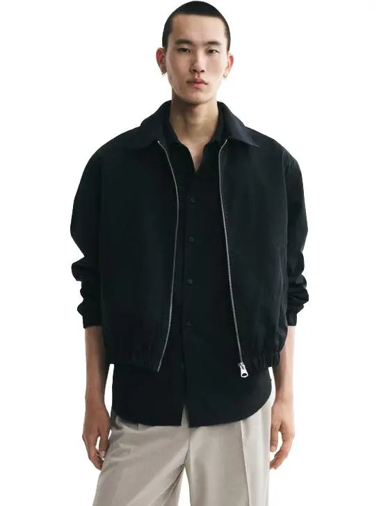 H&M Collared Cotton Twill Zip-up Jacket - Black
