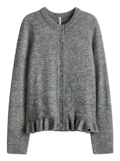 H&m Pointelle-knit Cardigan With Frill Trim - Gray Melange
