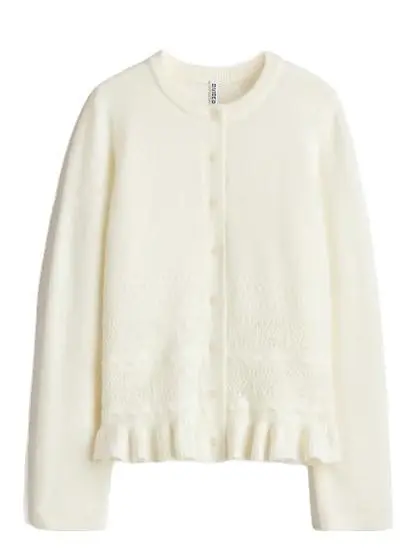H&m Pointelle-knit Cardigan With Frill Trim - White