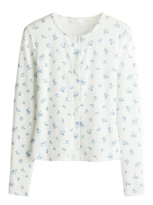 H&m Pointelle Jersey Cardigan With Picot Trim - White/blue Floral