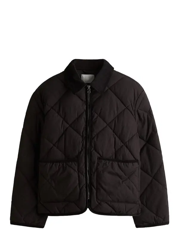 H&m Quilted Cotton Canvas Jacket With Corduroy Collar - Black