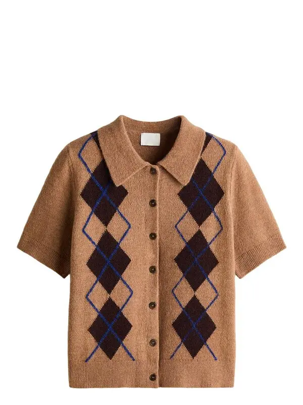 H&m Argyle Collared Short Sleeve Cardigan - Dark Beige/argyle