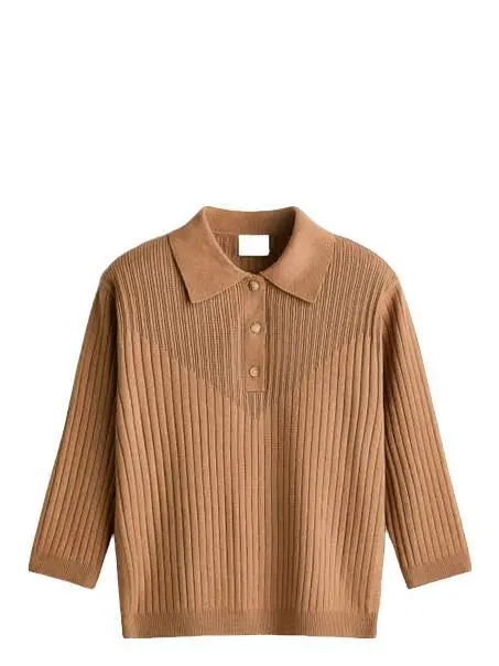 H&m Rib-knit Collared 3/4 Sleeve Top - Dark Beige
