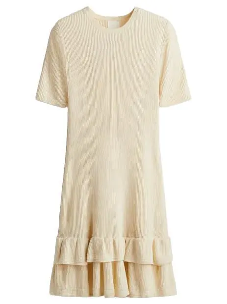 H&m Rib-knit Dress With Double Flounce Hem - Light Beige