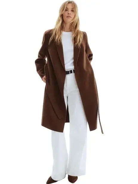 H&m Handmade Wool-blend Coat With Tie Belt - Brown