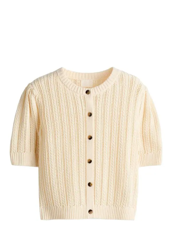 H&m Pointelle Knit Cardigan With Puff Sleeves - Light Beige