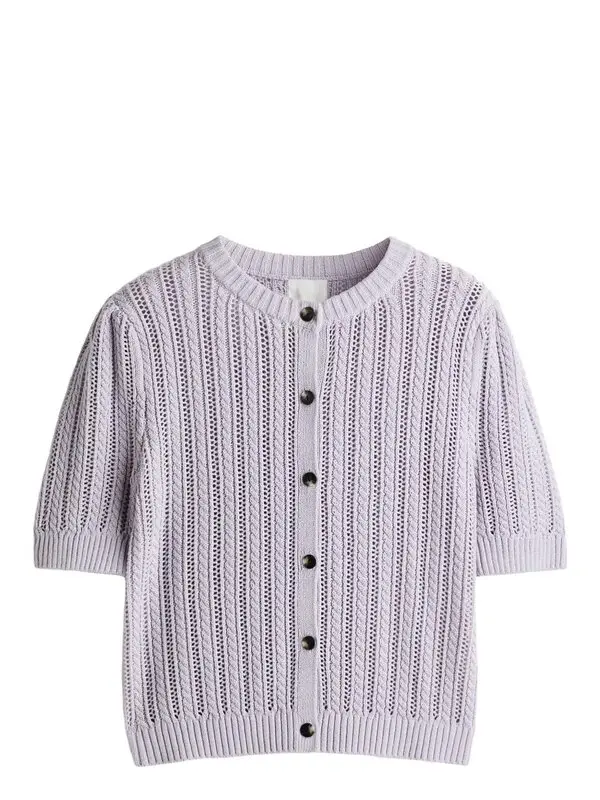 H&m Pointelle Knit Cardigan With Puff Sleeves - Light Purple