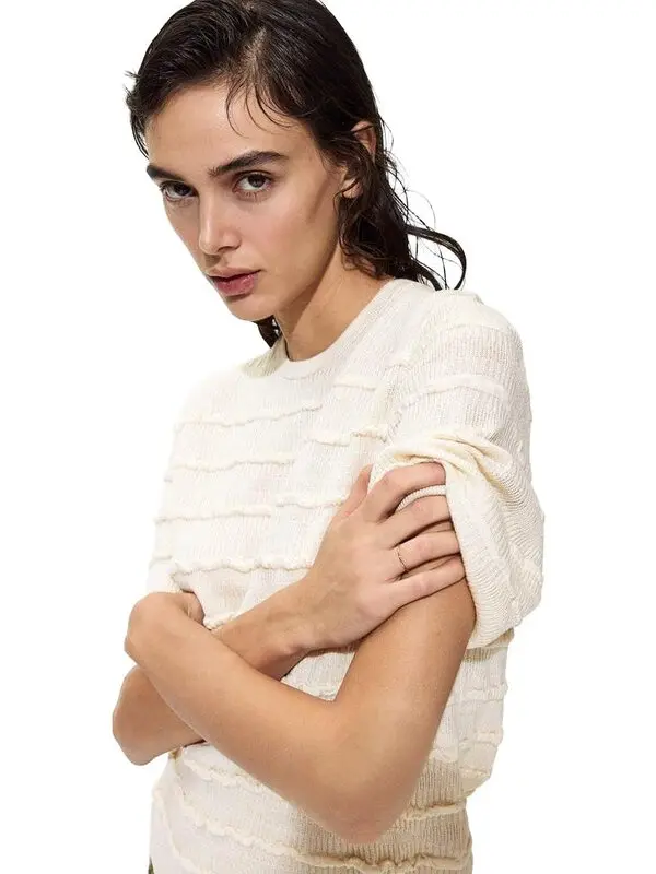 H&m Ruffle-trimmed Textured Knit Top - Cream
