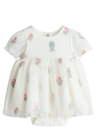 H&m Embroidered Tulle Bodysuit Dress With Puff Sleeves - White/floral