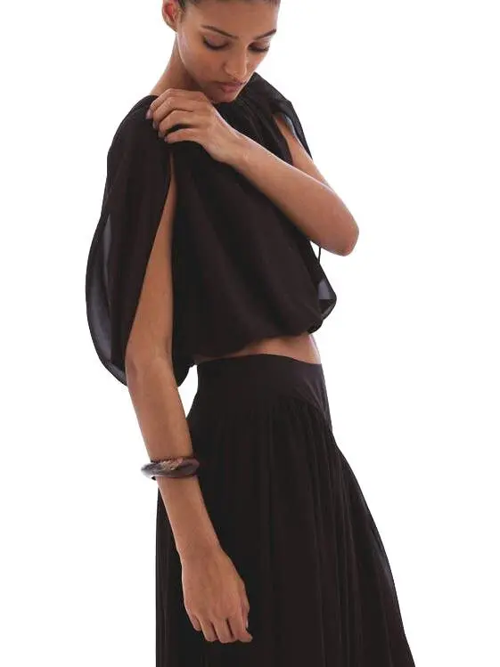 H&m Short Voluminous Chiffon Top - Dark Brown