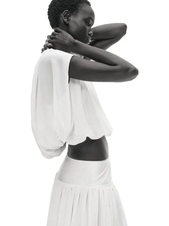 H&m Short Voluminous Chiffon Top - Light Beige