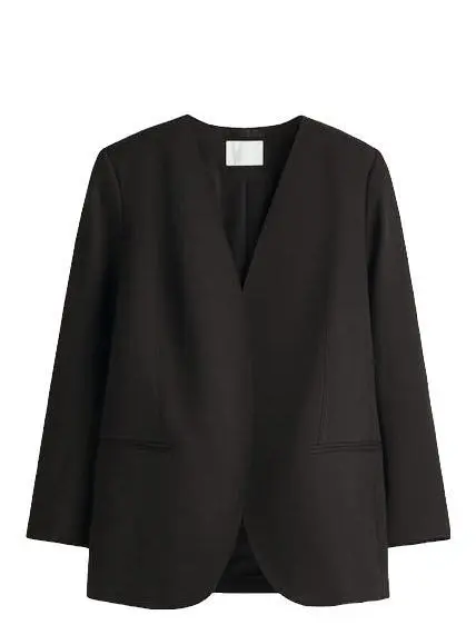 H&m Collarless Blazer With Jetted Pockets - Black