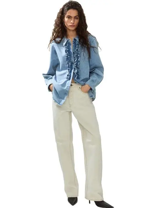 H&m Ruffled Denim Shirt - Denim Blue