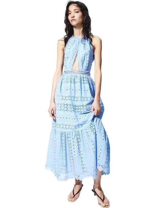 H&m Eyelet-embroidered Poplin Maxi Dress - Blue