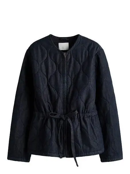 H&m Quilted Denim Jacket With Drawstring Waist - Dark Denim Blue